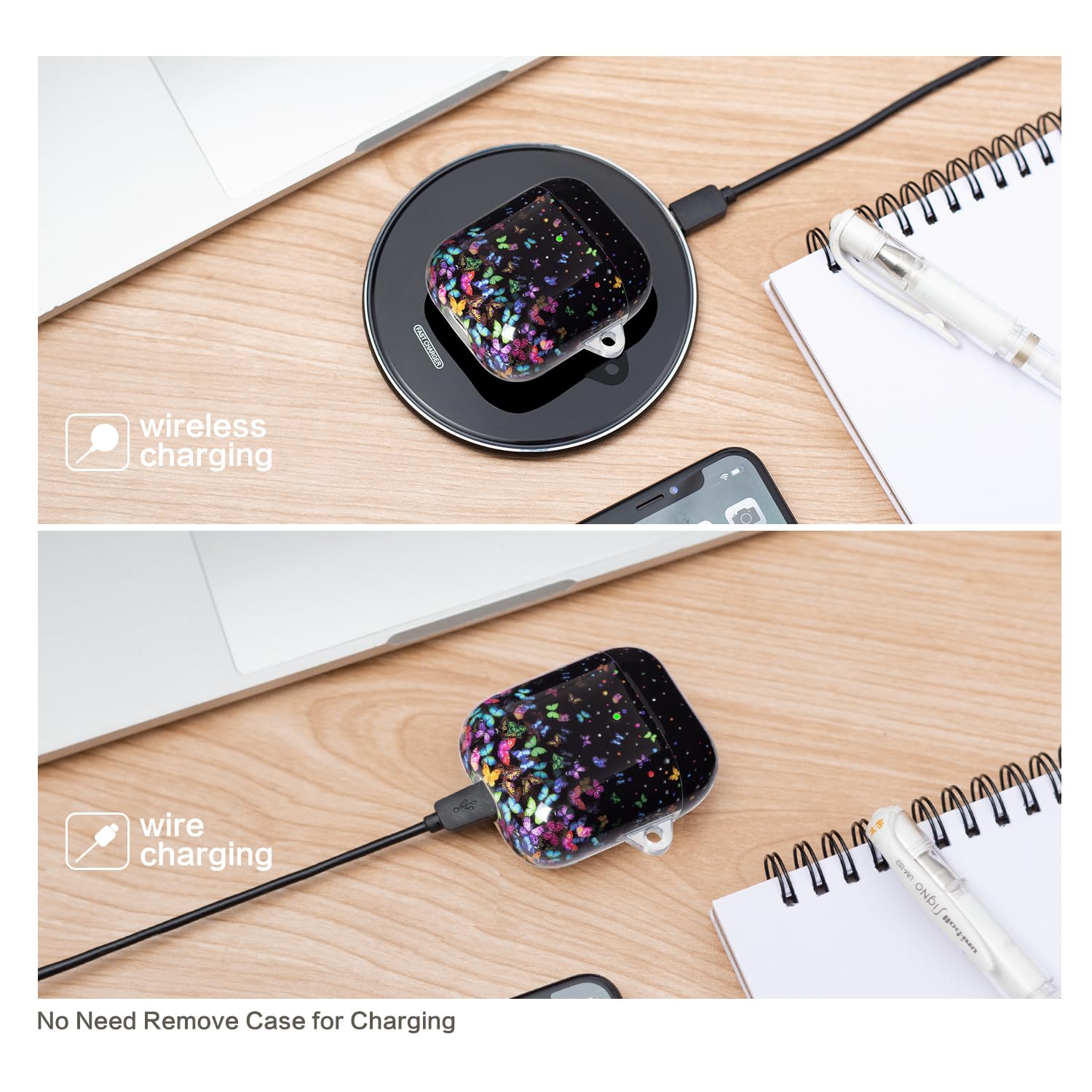AirPod Case 2nd Generation Butterfly,AirPod Case 1st Generation Cute for Women Men with Keychain Silicone Cover Apple AirPods 2nd 1st Generation Charging Case Front Led Visible Colourful Butterflies