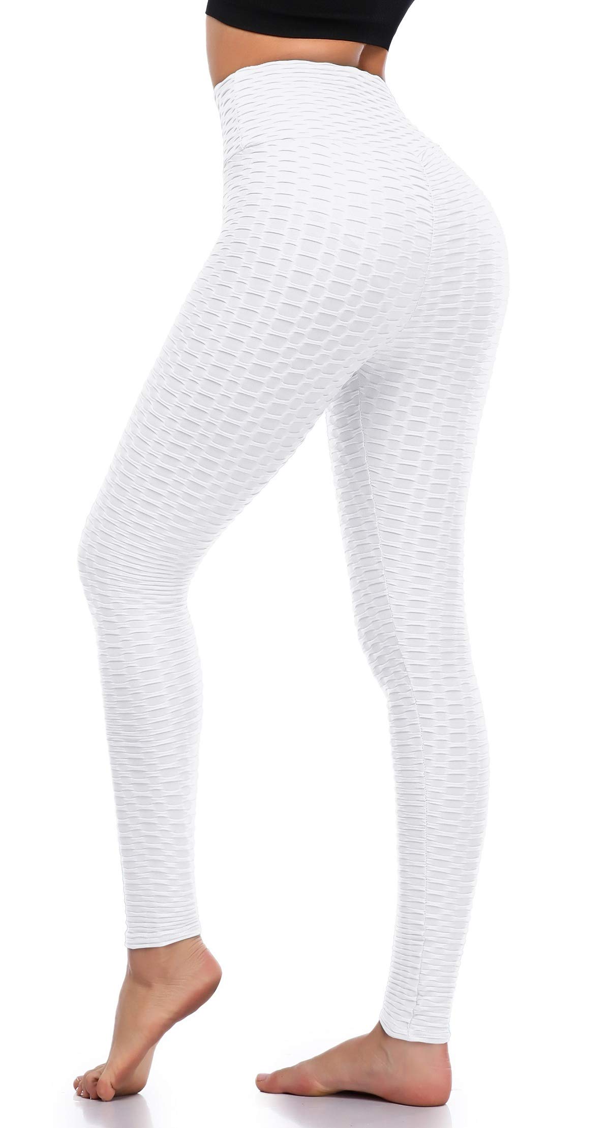 A-Wintage Women's High Waist Yoga Pants Butt Lifting Leggings Workout Seamless Leggings Textured Booty Tights White