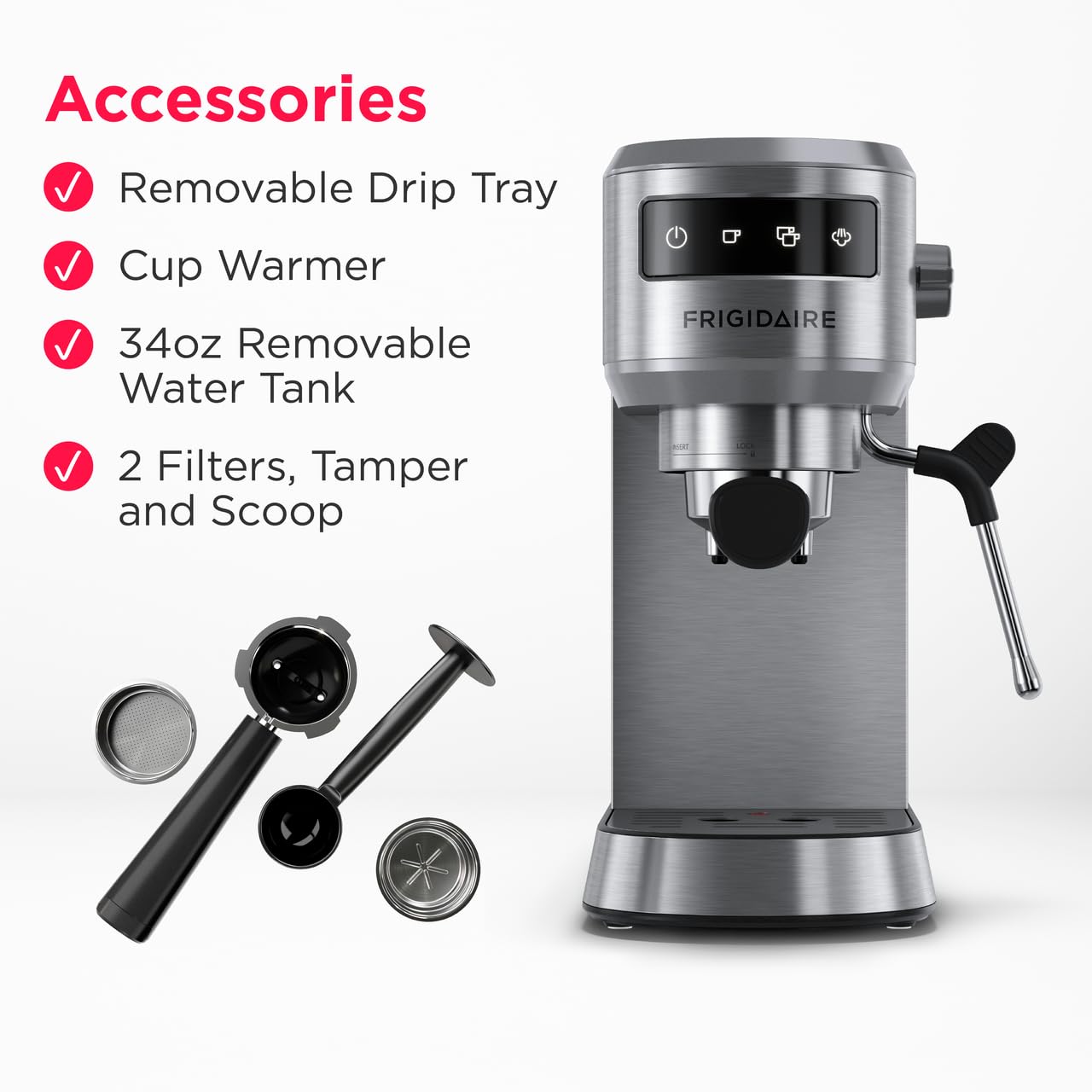 Frigidaire 20 Bar Small Espresso Machine with Milk Frother and Tamper - Makes Cappuccinos, Lattes, and More, Stainless Steel