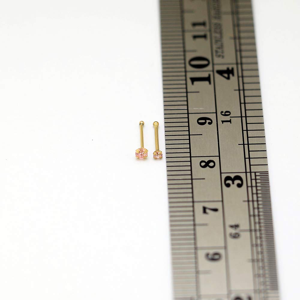 9 Karat Solid Yellow Gold Plain Claw Set 2MM Pink Round CZ Stone 22 Gauge Ball End Nose Stud Piercing Jewelry