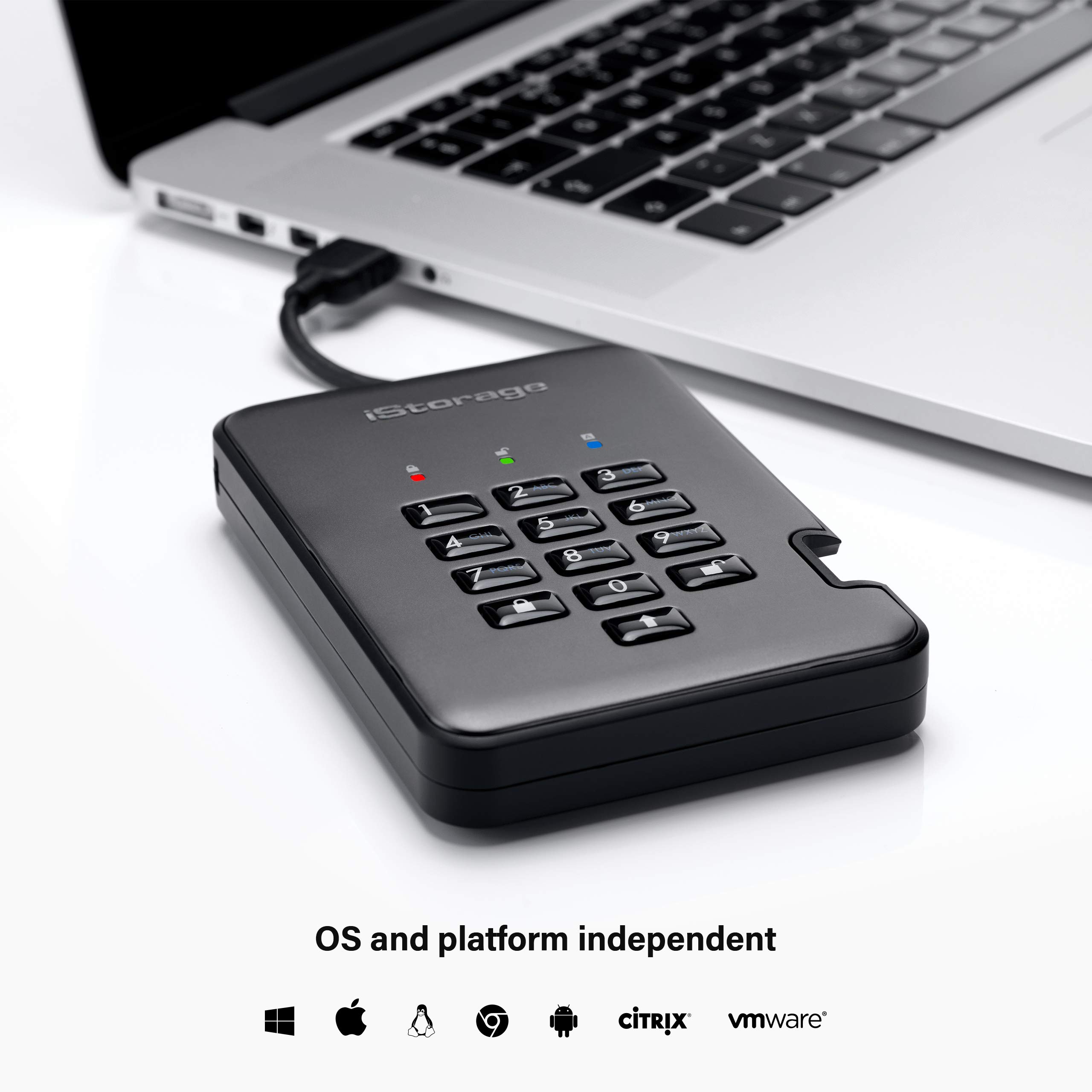 iStorage diskAshur PRO2 HDD 2TB Secure portable hard drive FIPS Level 2 certified - password protected, dust and water resistant, portable, military grade hardware encryption. IS-DAP2-256-2000-C-G