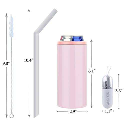 WinCheer 12 Oz Can Cooler with Reusable Straw, Double-walled Vacuum Stainless Steel Slim Can Holder for Beer Soda Beverage Energy Drinks Skinny Cans Sleeve (Pink)