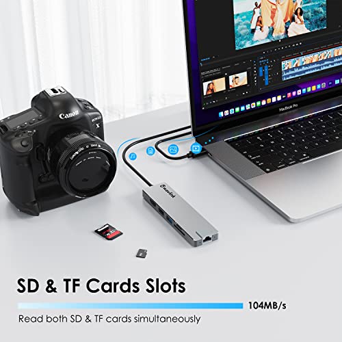 WAVLINK USB C Hub, 7-in-1 Type C Adapter with 4K HDMI, RJ45 Gigabit Ethernet, USB 3.0, USB 2.0, SD/TF Card Reader, 100W PD Mini Docking Station for MacBook Pro/Air and USB-C Windows Laptops