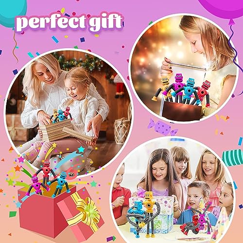 Bendable Robot Figures, Set of 4 Flexible Men, Telescopic Suction Cup Robot Toy, Telescopic Pop Tubes, Fidget Tubes Sensory Toys for Girls Boys