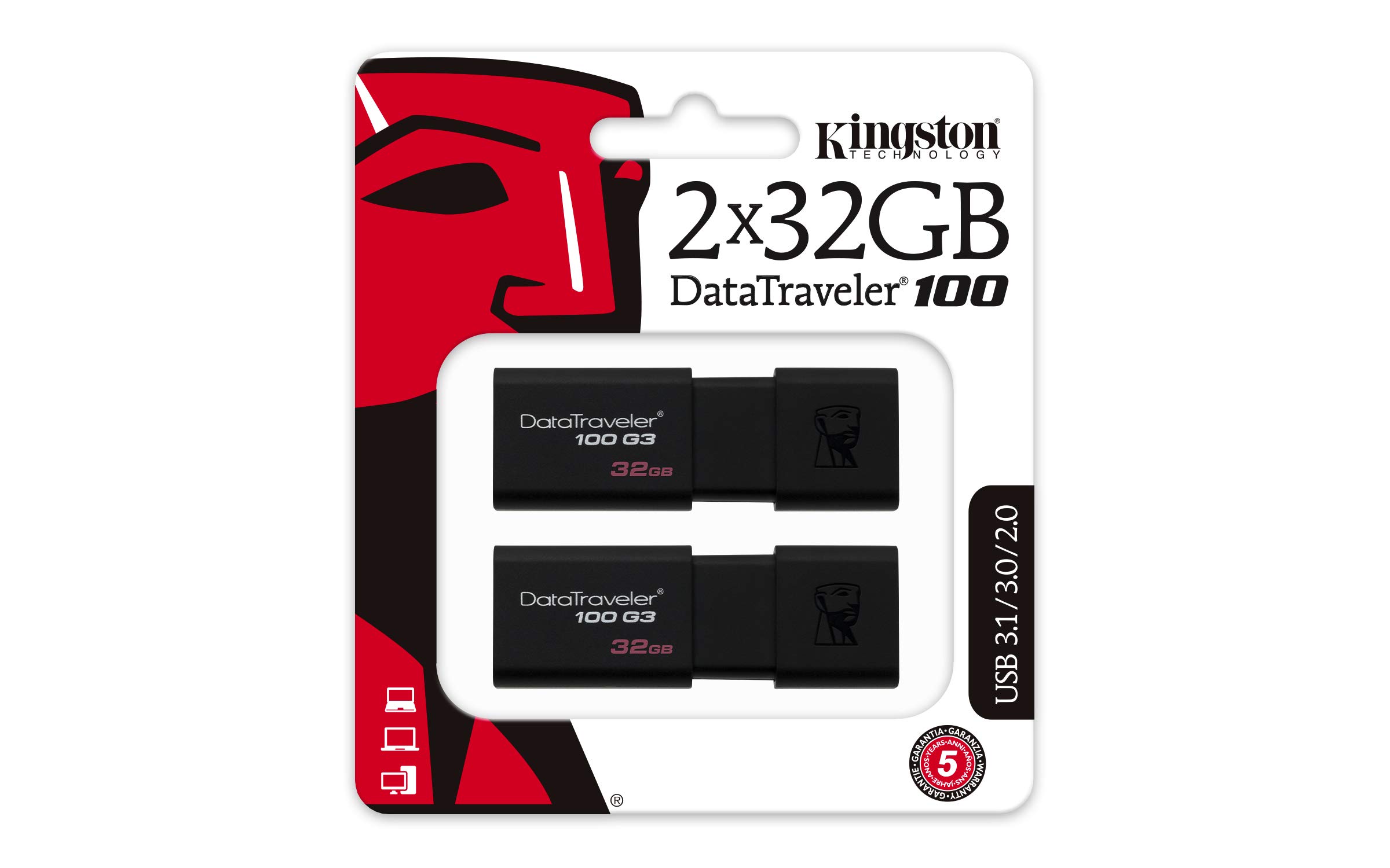 Kingston 32GB USB 3.0 Black DataTraveler 100 G3 2 Pack DT100G3/32GB-2P