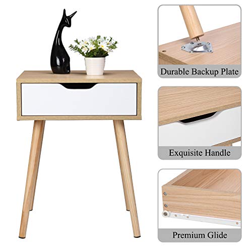 Bonnlo Wood&White Nightstands Set of 2 End Side Table with Spacious Drawer & Solid Wood Legs for Livingroom, Bedroom, Dorm
