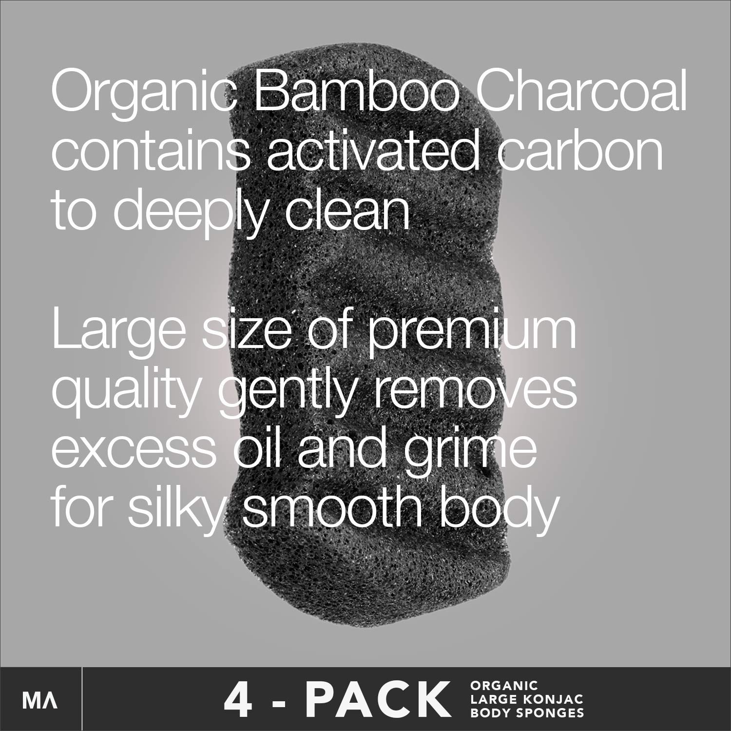 Minamul Konjac Exfoliating Organic Body Sponge | Gentle Daily Body face Scrub/Skincare | Infused with Best Bamboo Activated Charcoal | Safe for Oily, Dry, Combination or Sensitive Skin | 4 Pack Set