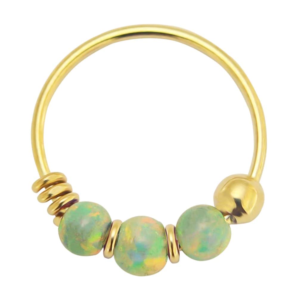 9 Karat Yellow Gold Triple Light Green Opal Bead 22 Gauge Hoop Nose Piercing Ring Jewelry