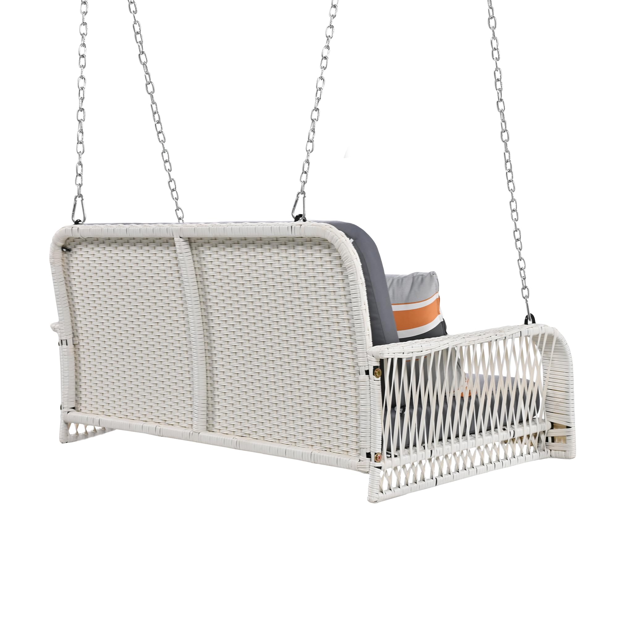 XD Designs Modern PE Wicker Porch Swing, 2-Seater Hanging Bench, 2 Person Front Hanging Porch Swing Bench with Chains, Cushion, Pillow for Backyard Garden Poolside, Max 500 Lb (White-FM)
