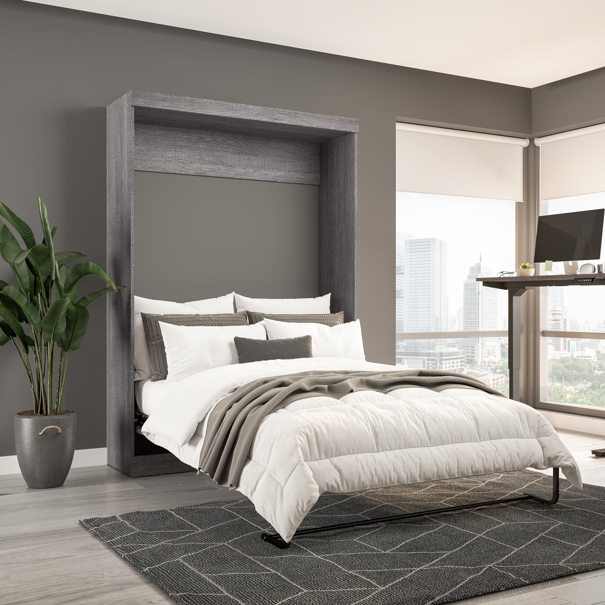 Bestar Pur Full Murphy Bed, 59-inch Space-Saving Sleeping Arrangement for Multipurpose Guest Room or Home Office, Full, Bark Grey
