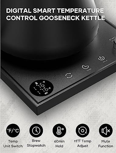 Gooseneck Electric Kettle, Offacy Pour Over Tea Kettles with LED Screen, ±1℉ Temperature Control, Full 304 Stainless Steel, Quick Heating, Hold, Mute, 0.68mm V-Shaped Spout, Hot Water Boiler, 0.9L