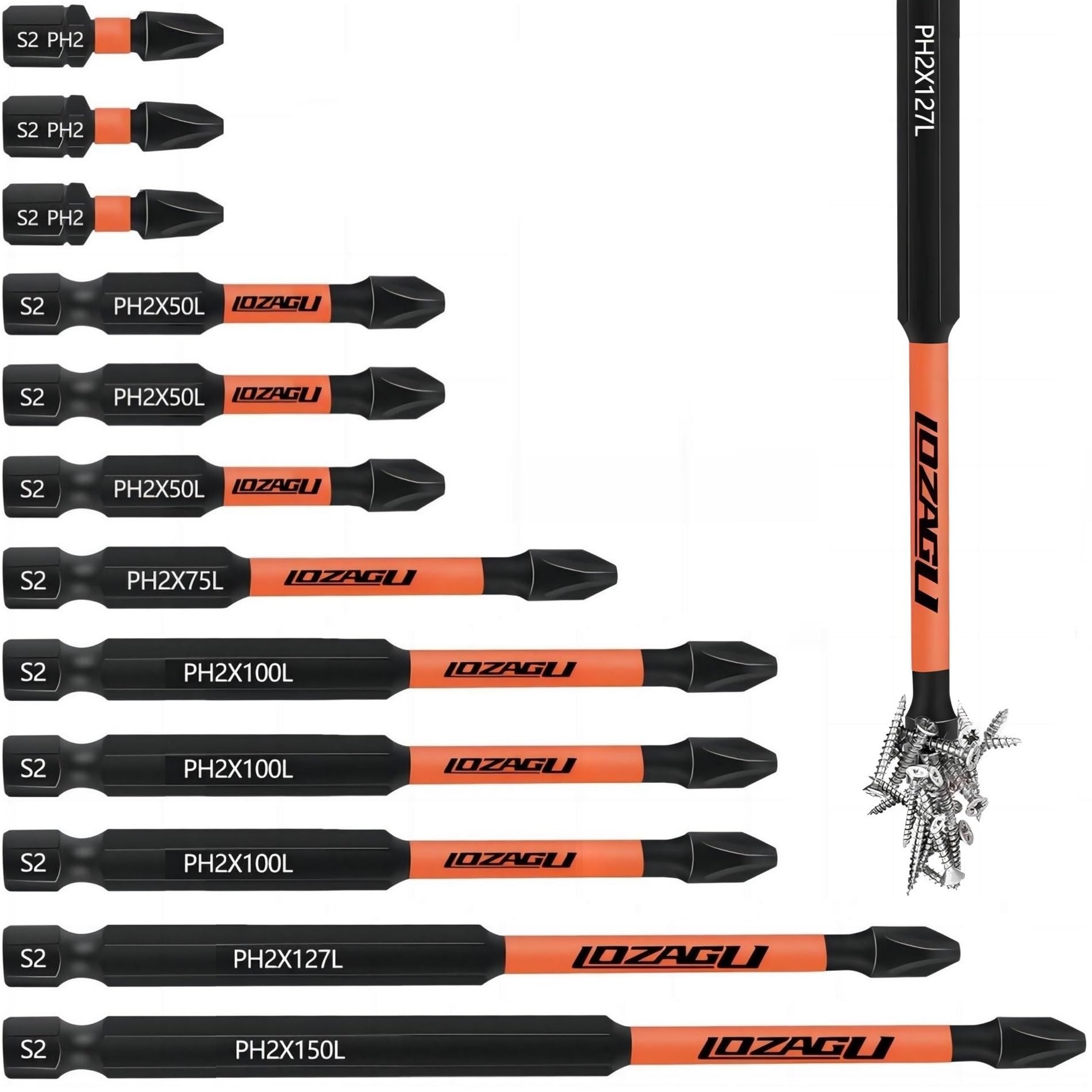 LOZAGU 12-Piece Phillips Bits #2 Impact Magnetic, S2 Steel, 1 2 3 4 5 6 Inch Long 2 Phillips Bits Set, 1/4 Hex Shank Phillips Head Drill Bits
