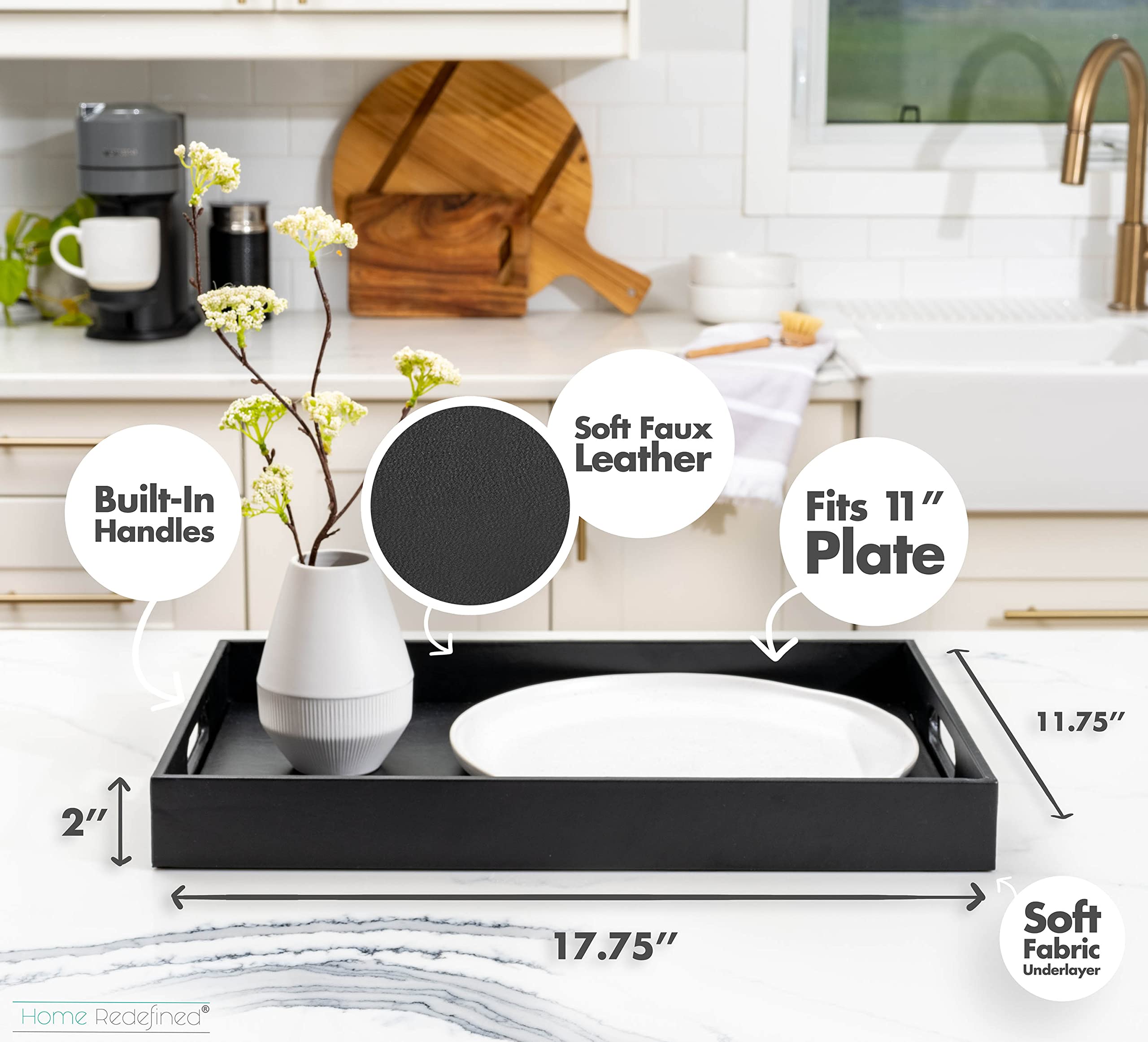 Home Redefined Beautiful Modern Elegant 18"x12" Rectangle Classic Black Faux Leather Decorative Ottoman Coffee Table Perfume Living Room Kitchen Serving Tray with Handles for All Occasion's