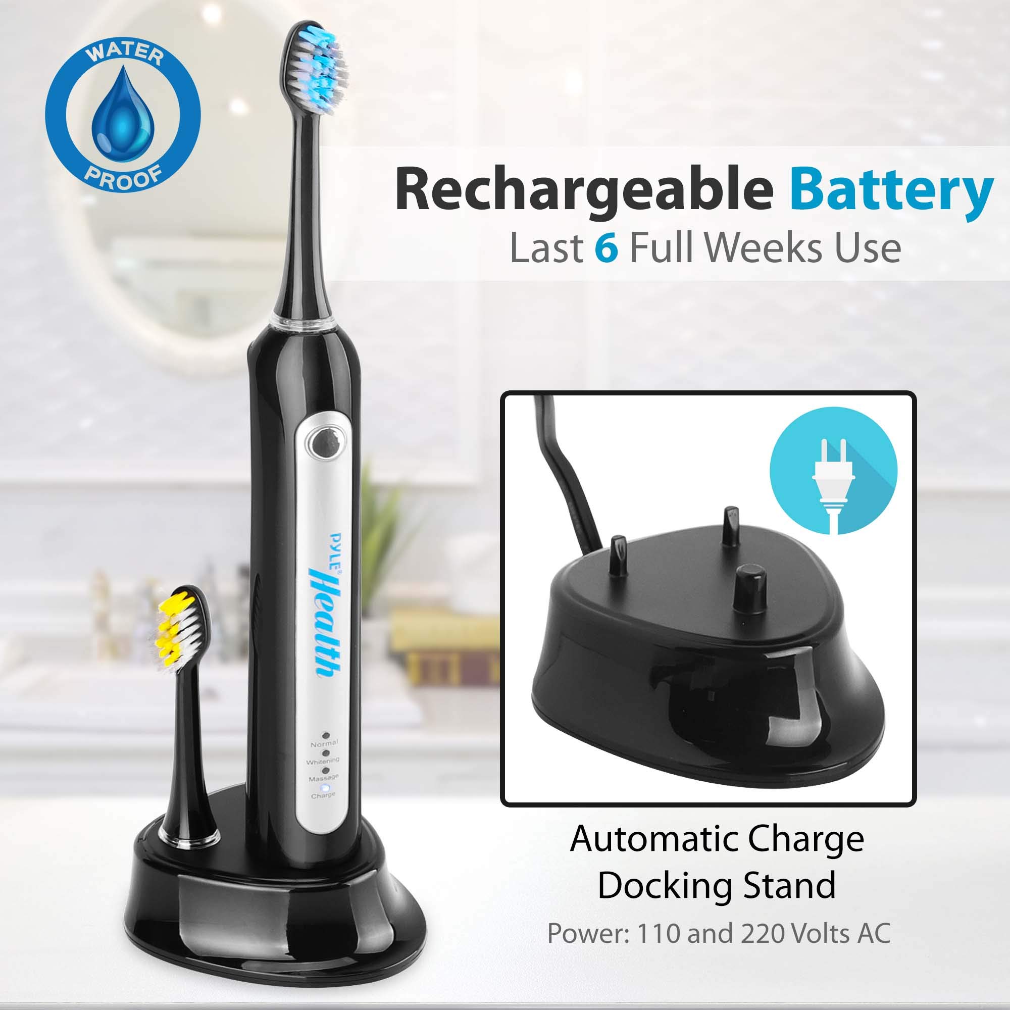 Pyle Health Ultra Sonic Wave Rechargeable Electric Toothbrush with 3 Brush Modes, Two Minute Timer, 2 Oral Brush Heads, Automatic Charging Dock Holder - for Kids, Teens, Adults - PHLTB41BK.5 (Black)