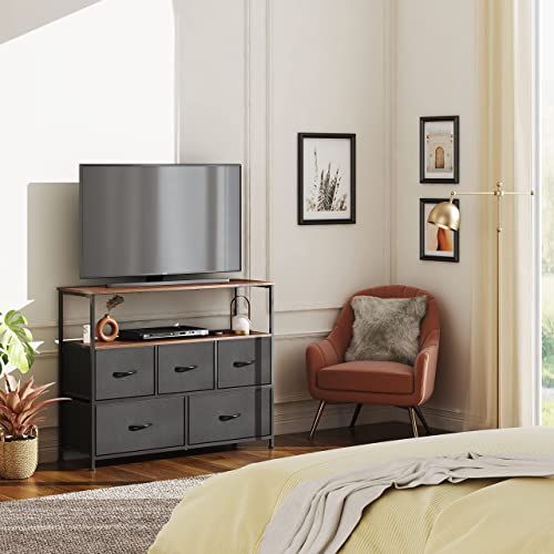 WLIVE 1-Drawer Nightstand and 5-Drawer Dresser TV Stand Set, Fabric Storage Tower for Bedroom, Hallway, Nursery, Closets, Tall Chest Organizer Unit with Textured Print Fabric Bins, Steel Frame