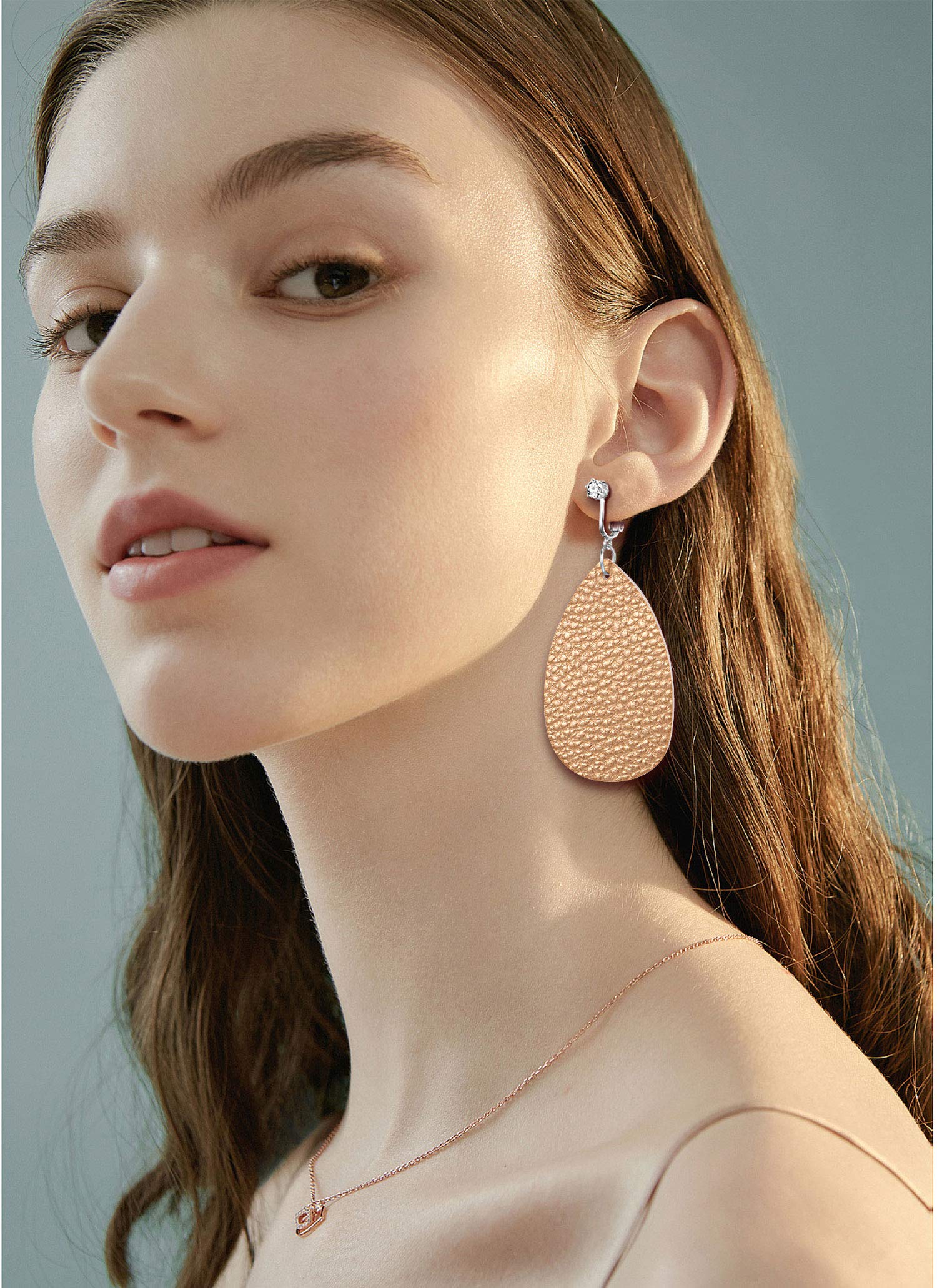 9 Pairs Faux Leather Clip on Earrings for Women Dangle- Long Teardrop Seashell Leather Clipon Earrings-Non Piercing Earrings Set for Women (#7)
