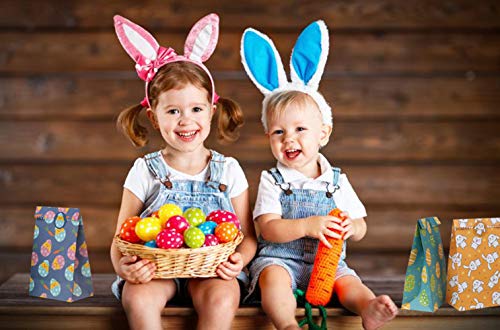 VEYLIN 24Pcs Easter Goodie Paper Bags, Flat Bottom Candy Bags with 32Pieces Circle Sticker for Easter Party Supplies