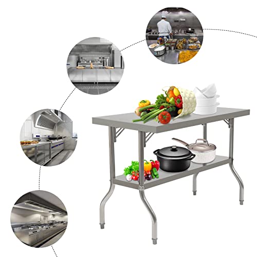 Fetcoi Folding Commercial Worktable Workstation, Stainless Steel Table for Prep & Work, 48 x 25 x 33.5 Inch Heavy Duty Folding Table Work Table for Kitchen Restaurant, 1100 lbs Load
