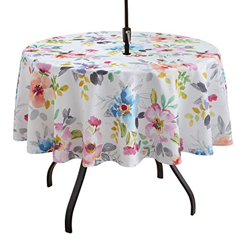 Benson Mills Spillproof Floral Spring/Summer Fabric Outdoor Tablecloth with Umbrella Hole, Zippered Table Cloth for Round Tables, Picnic/Patio (Harper, 70" Round with Umbrella Hole)