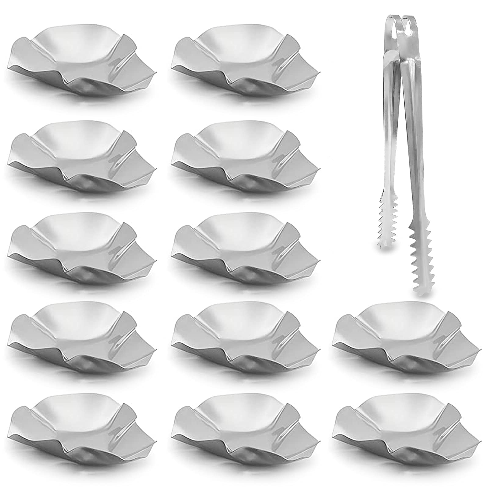 Rrtizan Oyster Shells,12 Pcs Set Oyster Shells with Kitchen Tongs, Oyster Shells for Cooking, Perfect for Grilled Seafood Sauce Tray Stainless Steel Reusable