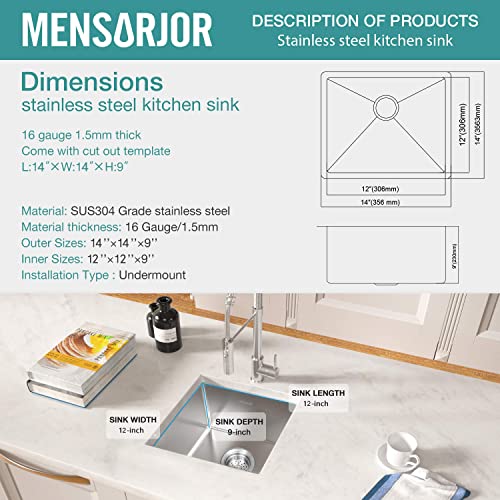 Bar Sink, MENSARJOR 14 x 14 Inch Undermount 16 Gauge Single Bowl Handmade Stainless Steel Kitchen/Bar Sink