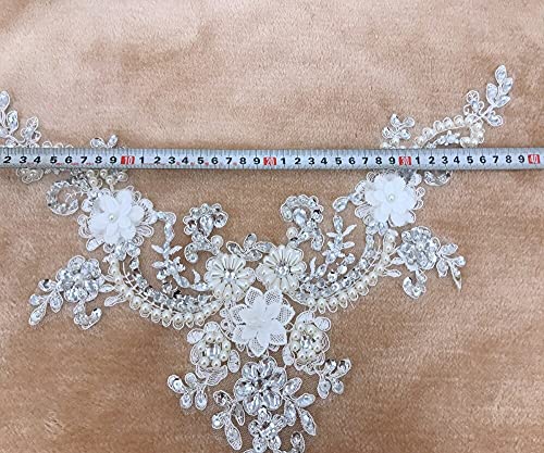 wtbv.n Handmade Crystal Peal Patches Sequins Rhinestones Ivory lace Trim Applique 38 * 28cm for Dress Skirt