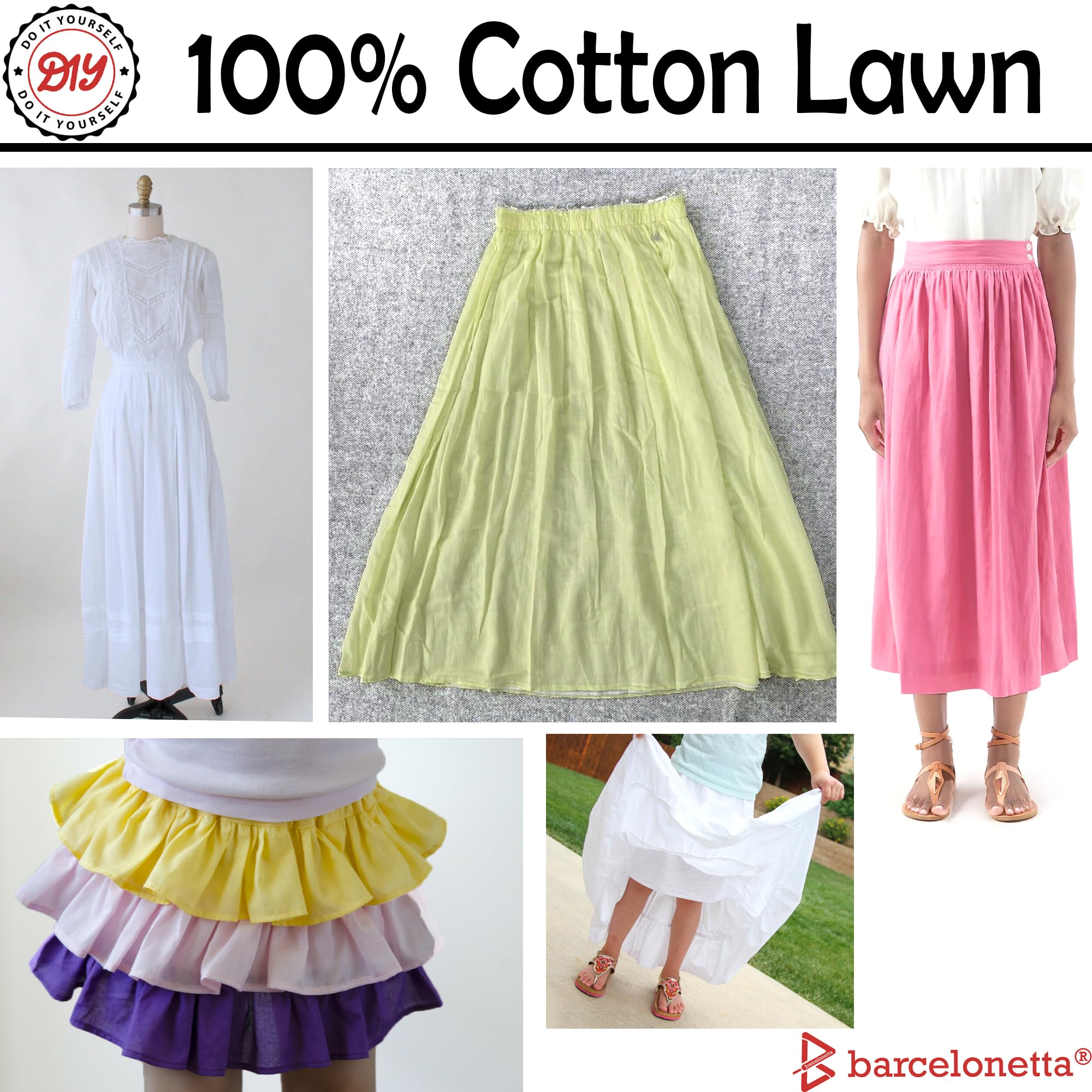 Barcelonetta | Cotton Lawn Fabric | 100% Cotton | Thin | 58" Wide | Lining, Sewing, Air Feel Layer | Cloth, Solid (White, 2 Yard)