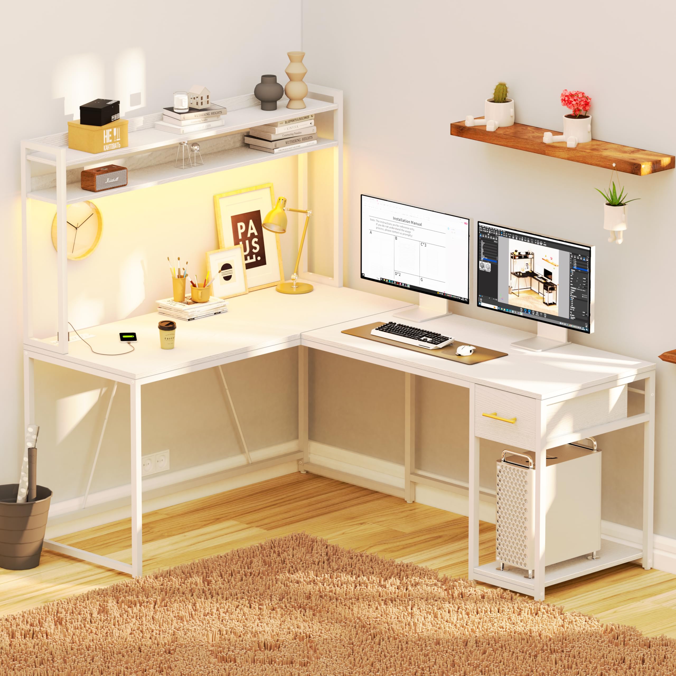 Bergoolin L Shaped Gaming Desk with LED Lights & Power Outlets, Reversible L Shape Computer Desk with Storage Drawer & Shelf,2 Person Home Office Corner Desk Black