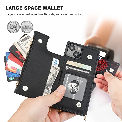 Bocasal Crossbody Wallet Case for iPhone 14 with RFID Blocking Card Slot Holder, Magnetic Flip Folio Purse Case, PU Leather Zipper Handbag with Detachable Lanyard Strap 6.1 Inch 5G (Black)