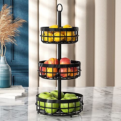 Baoz 3 Tier Fruit Basket For Kitchen Countertop Metal Wire Fruit Bowl Holder Triple Layer Detachable Fruit storage Tray Rack Stand for Storing Veggies Bread Snacks, Black