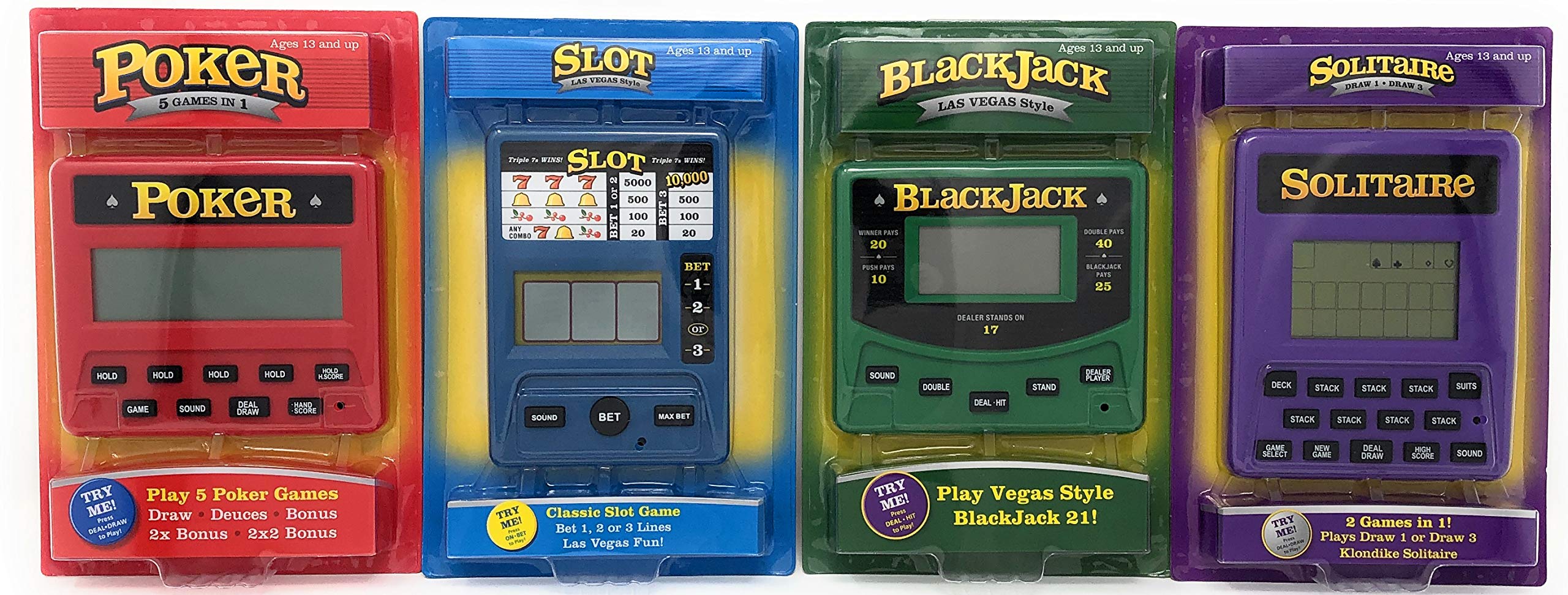 Electronic Gambling Game Pack Bundle Set of 4 - Slot Machine - Poker - Blackjack - Solitaire Handheld Games
