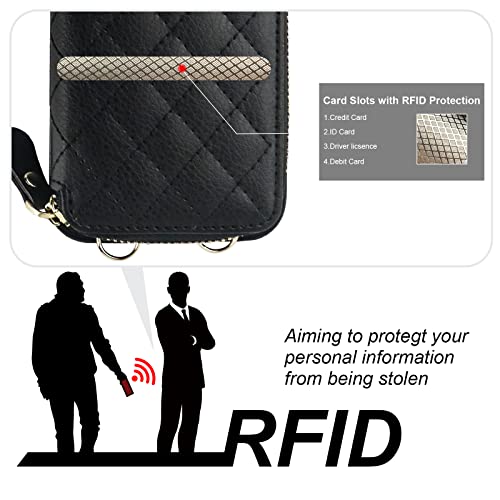 Bocasal Crossbody Wallet Case for iPhone 14, RFID Blocking PU Leather Zipper Handbag Purse Flip Cover, Kickstand Folio Case with Card Slots Holder Wrist Strap Lanyard 5G 6.1 Inch (Black)