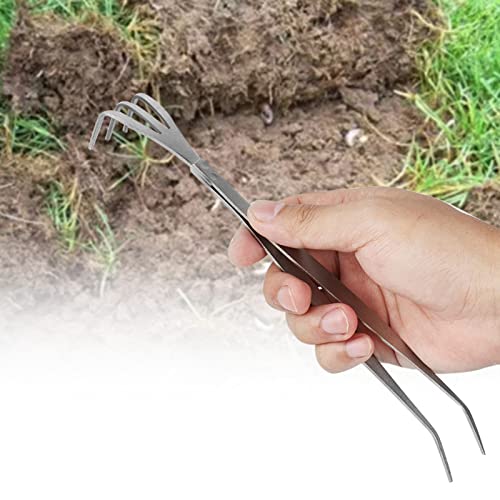 Bonsai Rake,9.8in 2-in-1 Stainless Steel Root Rake 3 Prong Root Rake Loosen Soil Bonsai Tools Ergonomic Handle Tweezers for Gardening Plants