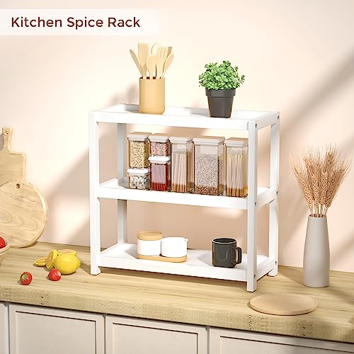 Bathroom Countertop Organizer - 3 Tier Bamboo Storage Shelf for Makeup, Skincare, Spices, Seasonings - Bathroom Vanity Accessories - Wall Mounted Floating Shelves - Over Toilet Shelving, Simply White