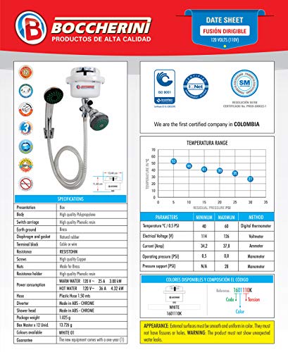 Boccherini Electric Instant Hot Water Shower Head Heater + FREE wall support/tube (FUSION)