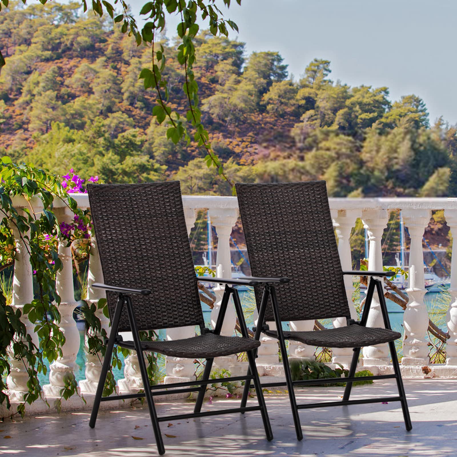 PHI VILLA Patio Wicker Dining Chairs Set of 2, Adjustable Folding Patio Chairs Outdoor Rattan Wicker Chairs for Deck, Porch, Poolside, Yard