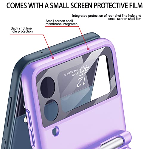 COCOING Case For for Samsung Galaxy Z Flip 4 2022 with Stylus Fashion Business Phone case,with Hinge Protection Device and Camera Screen Protector (Purple)