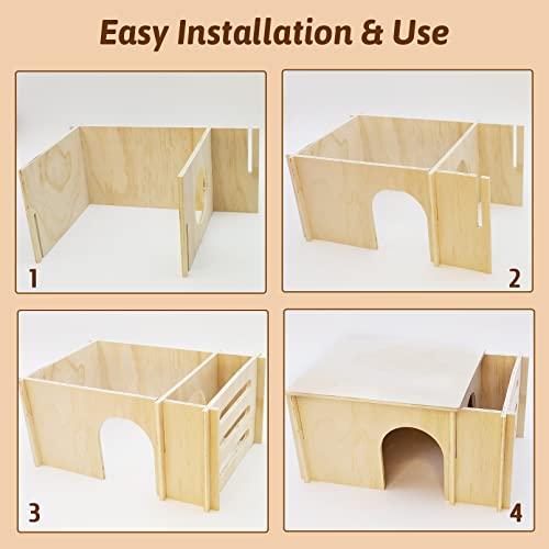 Fhiny Guinea Pig Wood House with Hay Feeder, Detachable Chinchilla Hut Hideout Small Animal Hideout Hideaway Natural Hamster Habitat Decor for Guinea Pig Chinchilla Dwarf Rabbit Hamster