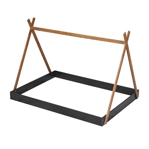 DEYOBED Full Size Tent Triangle Structure, Solid Wood Floor Bed Frame for Kids Boys Girls, No Box Spring Needed, Black+Brown