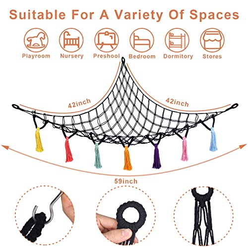 KanYool Stuffed Animal Net or Hammock, Boho Net Hammock for Stuffed Animals with Led Lights Wall Corner Storage Hanging Plush Toy Net with Tassels Teddy Bear Net Black