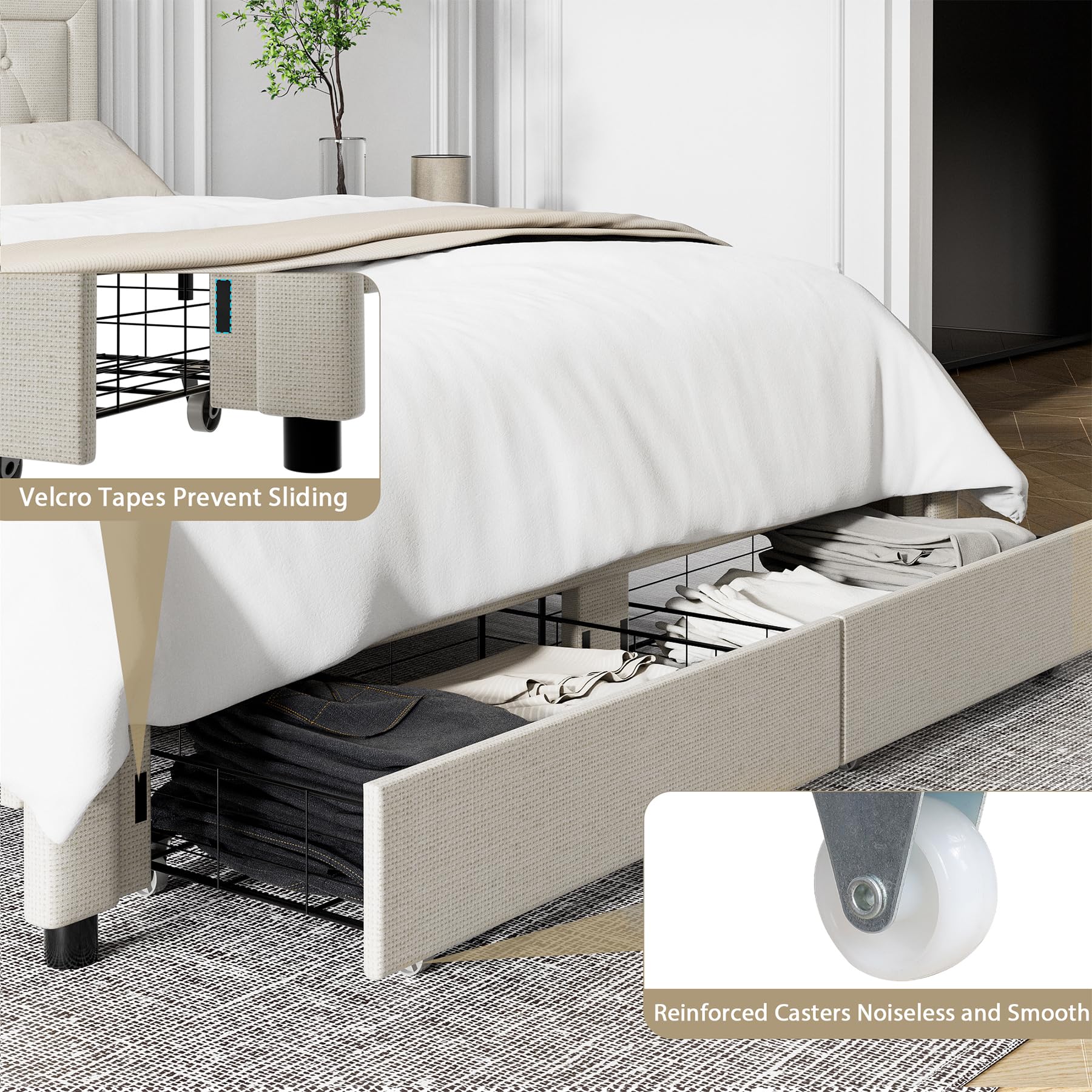 Keyluv Full Bed Frame with 2 Storage Drawers and Adjustable Headboard, High-End Fabric Platform Bed with Button Tufted, Wooden Slats No Box Spring Needed/Easy Assembly, Beige
