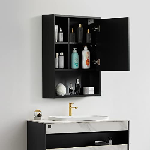 Basicwise Wall Mount Mirrored Cabinet with Open Shelf | 2 Adjustable Shelves Medicine Organizer Storage Furniture for Bathrooms, Kitchens, and Laundry Room, Black