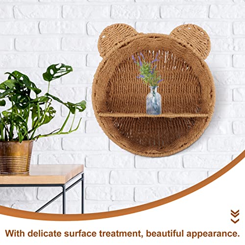 Beavorty Floating Shelves Rattan Woven Wall Shelf Hanging Storage Basket Cute Cat Shape Wall Mounted Shelves Decorative Storage Rack for Photo Frames Small Plants Home Decor