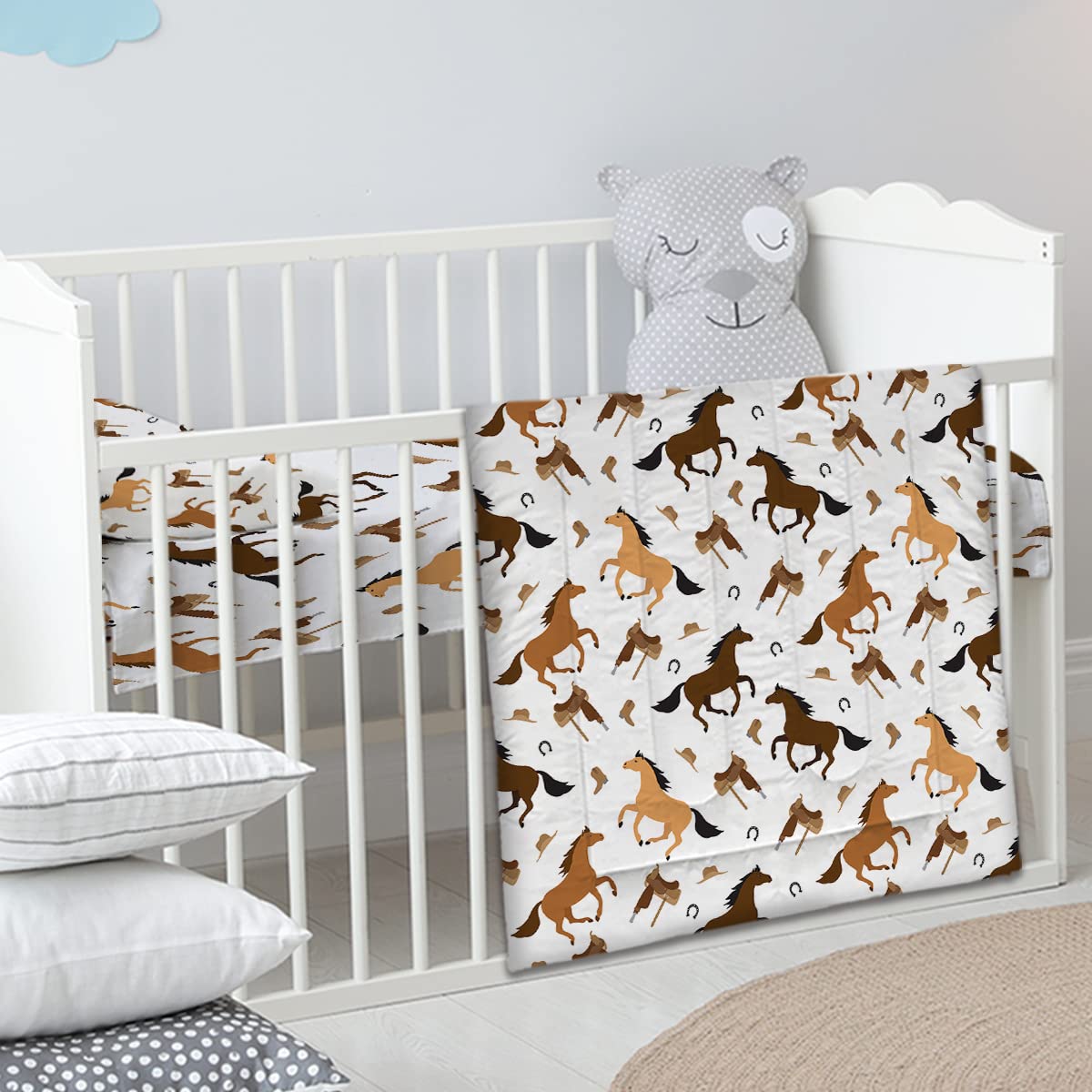 ARIGHTEX Horse 4 Piece Toddler Bedding Set with Cute Farm Animal - Includes Quilted Comforter, Fitted Sheet, Top Sheet, and Pillow Case for Girls Boys Bed