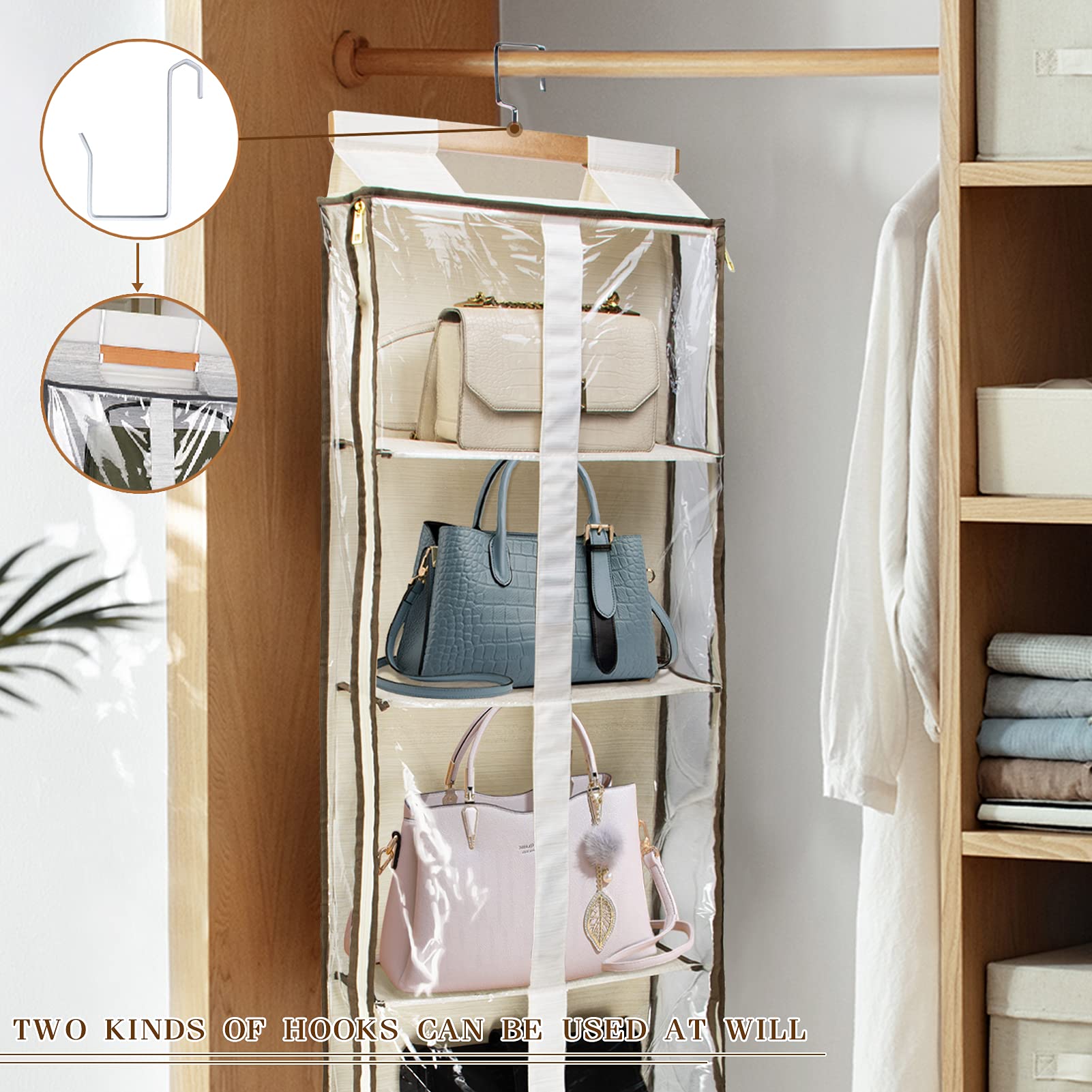 Clear Closet Hanging Handbag Organizer with Zippers, KMOTASUO Easy Access Wardrobe Tote Bag Purse Storage Holder Over The Door Space Saving Shelf Pocket for Bedrooms Living Room