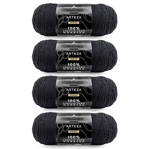Arteza Acrylic Yarn for Crocheting, 4 x 200-g Skeins of Worsted Yarn for Knitting, Black A008, Machine Washable, Knitting & Crochet Supplies – Use with Knitting Needles and Crochet Hooks