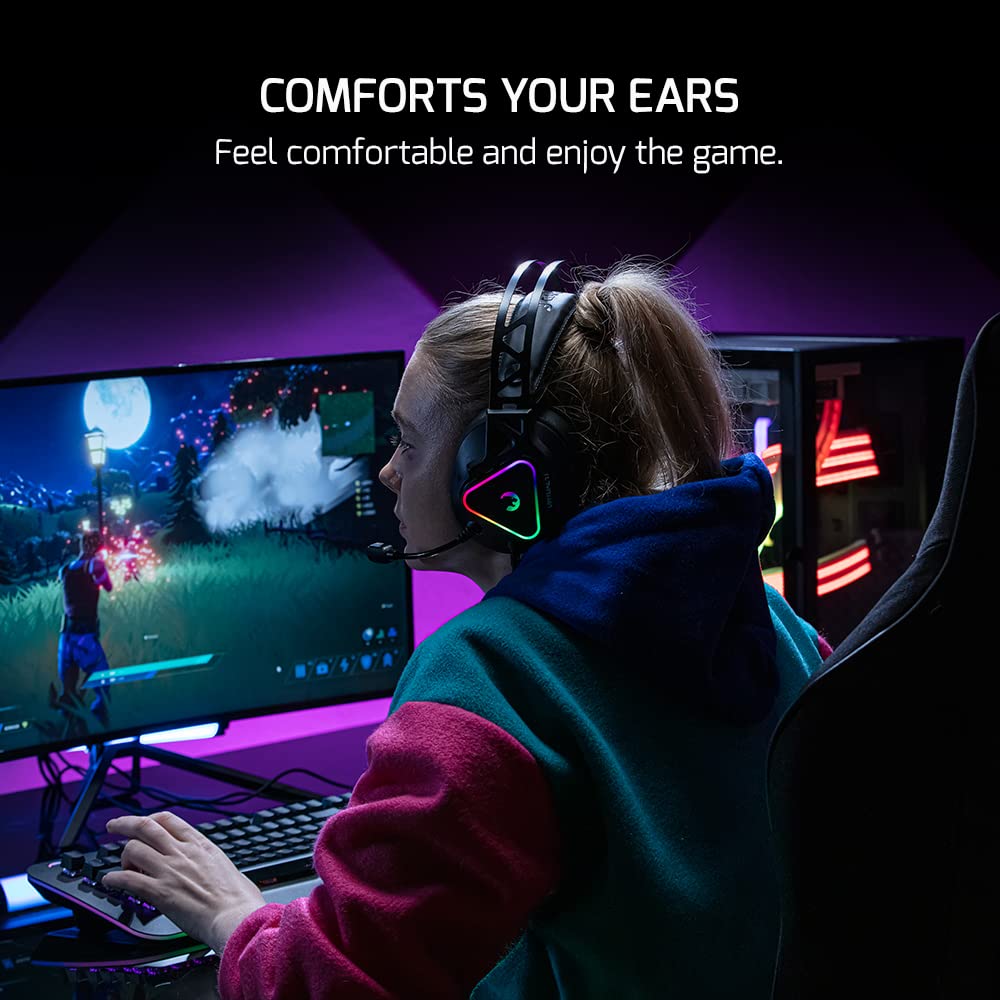 GAMEPOWER Kizaru USB Gaming Headset - 7.1 Virtual Surround Sound, Wired RGB Led Headphones with 53MM Drivers, Comfort Design, 360 Spatial Audio, Noise Cancelling Mic PC, Laptop, Black