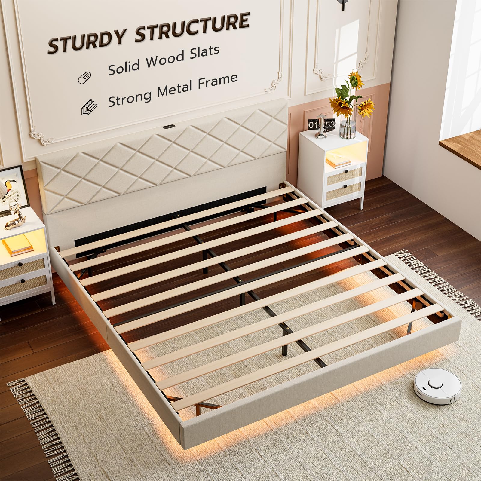 IKIFLY Floating Bed Frame Full Size with 2 USB Ports - Modern Upholstered Linen Full Platform Bed with LED Lights, No Box Spring Needed, Solid Wood Slats, Easy Assembly - Beige