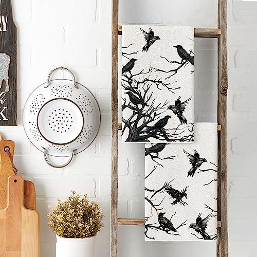 Artoid Mode Silhouette Tree Branches Crows Halloween Kitchen Towels Dish Towels, 18x26 Inch Seasonal Decoration Hand Towels Set of 2