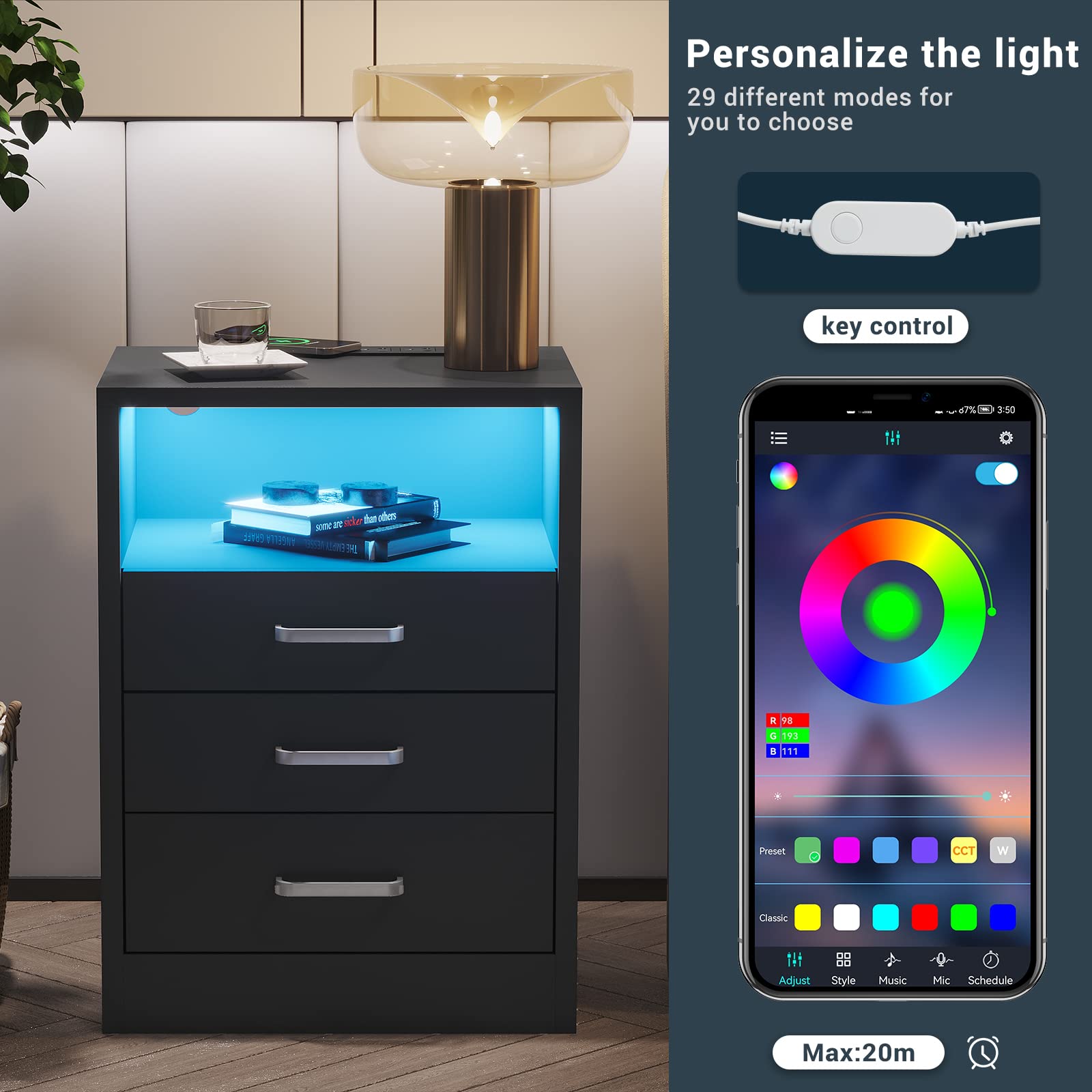 ADORNEVE Nightstand with Wireless Charging Station and LED Lights,Night Stand for Bedroom,Bedside Table with Drawers,Modern End Side Table,Black